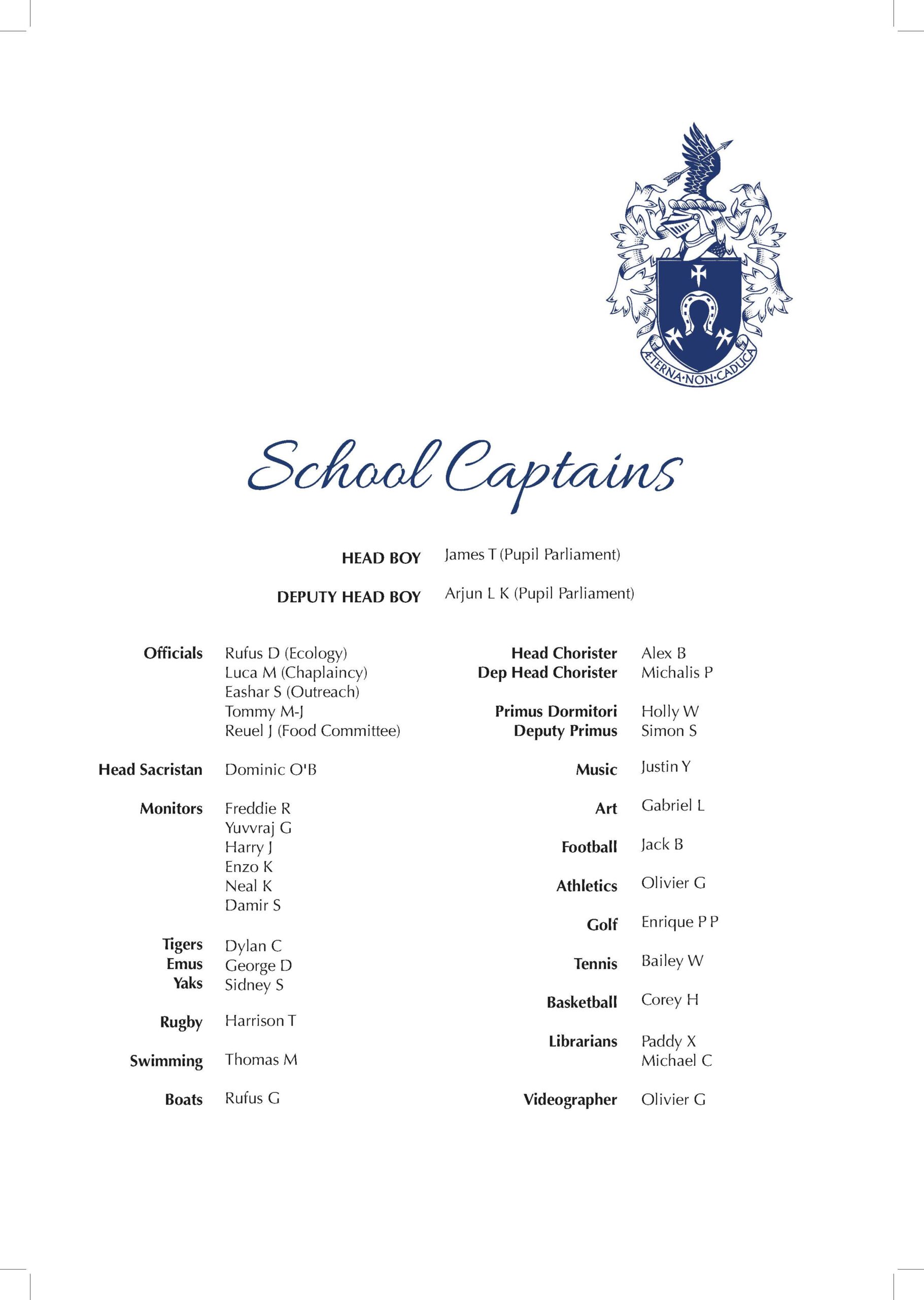2021-22 SCHOOL CAPTAINS ANNOUNCED | St John's Beaumont